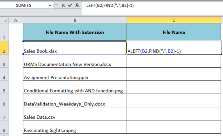 Excel formula: Remove file extension from filename