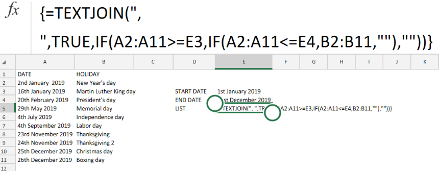 Excel formula: List holidays between two dates