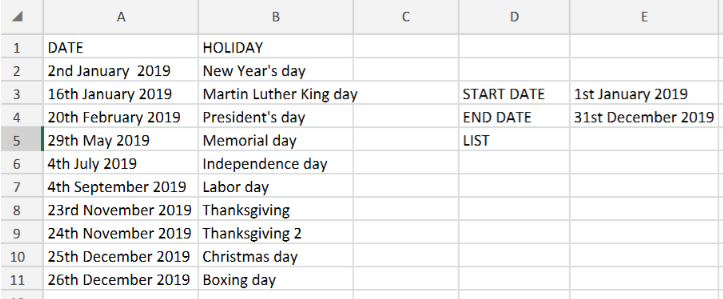 Excel formula: List holidays between two dates
