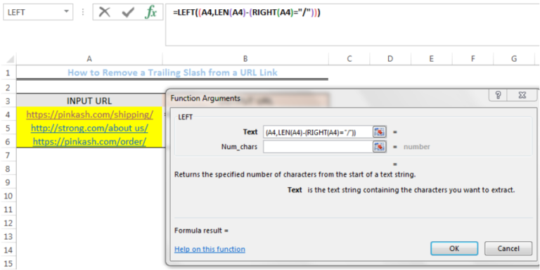 Excel formula: Remove trailing slash from url