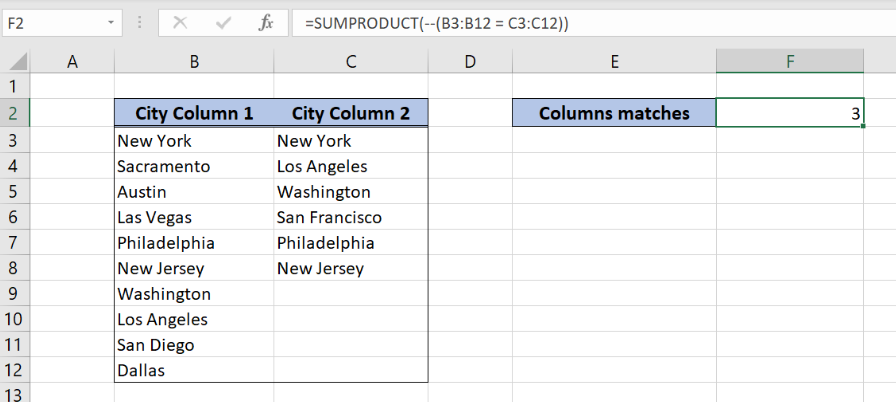 Excel formula: Count matches between two columns