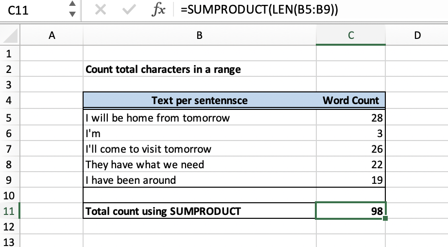 Excel Formula Count Total Characters In A Range Excelchat