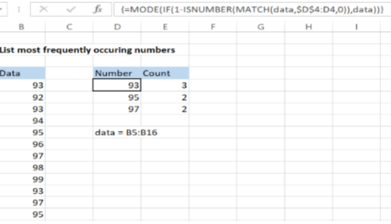 Excel formula: List most frequently occuring numbers