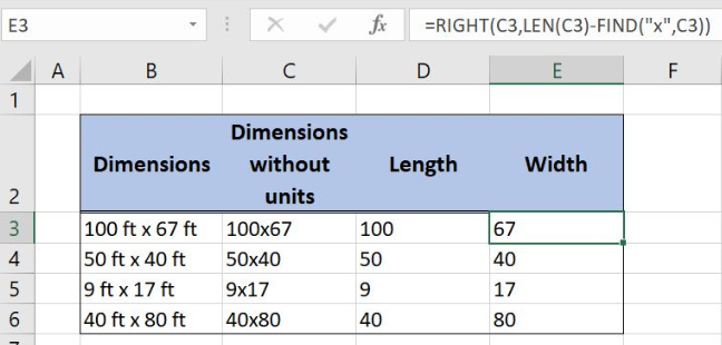 Excel formula: Split dimensions into two parts