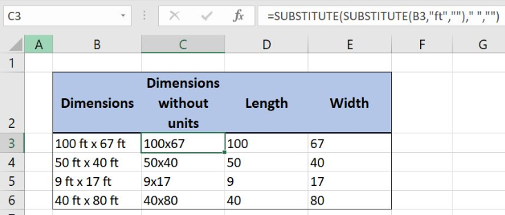 Excel formula: Split dimensions into two parts