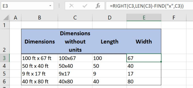 Excel formula: Split dimensions into two parts