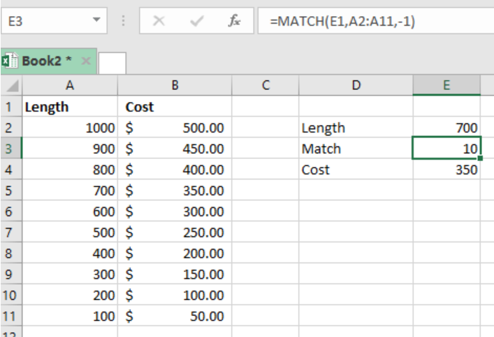 Excel formula: Next largest match with the MATCH function