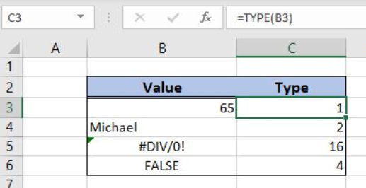 How to use the Excel TYPE function to get the type of value in a cell